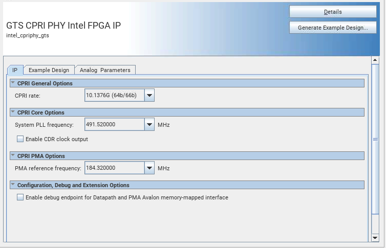 3. GTS CPRI PHY IP Parameter Settings